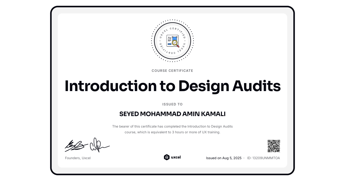 Certificate of completion for Introduction to Design Audits | Uxcel